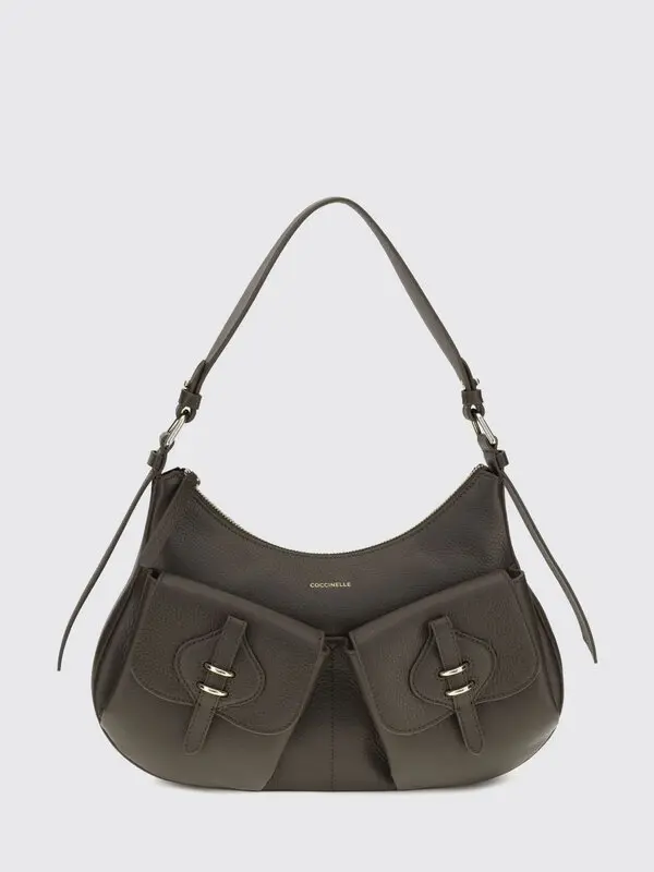 COCCINELLE Textured Leather Shoulder Bag With Buckled Pockets - Mud