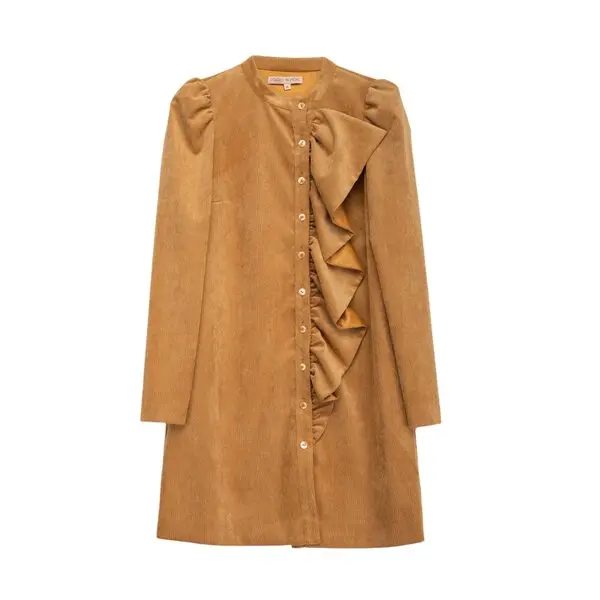 DOLORES PROMESAS Filipa Camel Ruffle Short Dress
