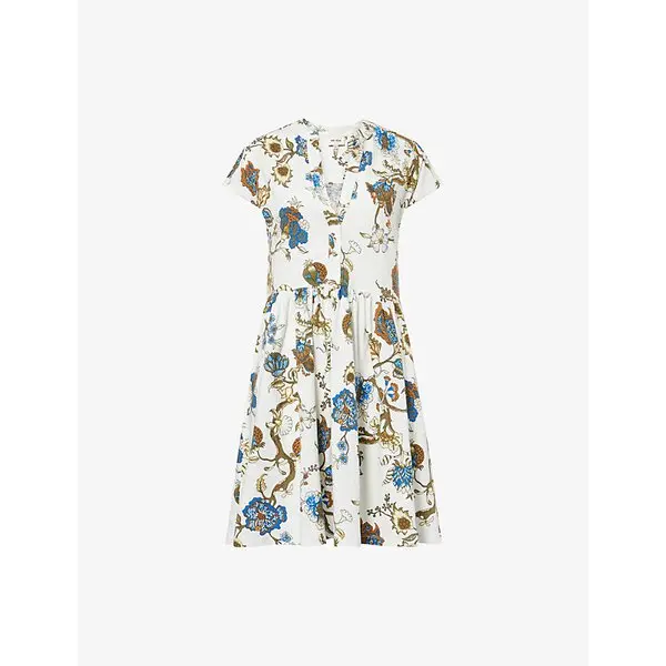 ME+EM Floral-print Gathered-waist Cotton Mini Dress - Light Cream Multi