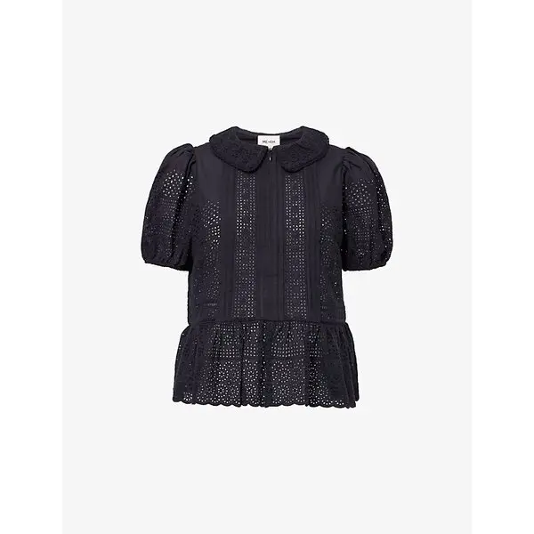 ME+EM Broderie Peplum-hem Cotton Top - Navy
