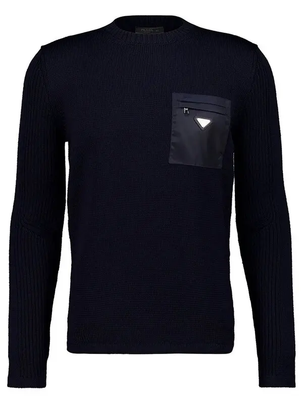 Prada Wool Crew Neck Sweater With Nylon Patch Pocket