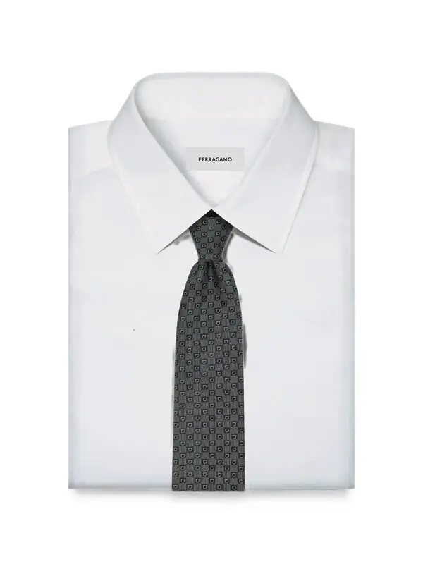 FERRAGAMO Jacquard Silk Tie With Gancini Pattern - Grey