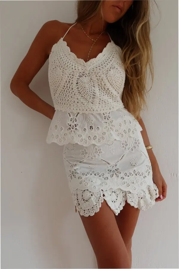 LoveShackFancy Neria Crochet Eyelet Halter Top - Optic White