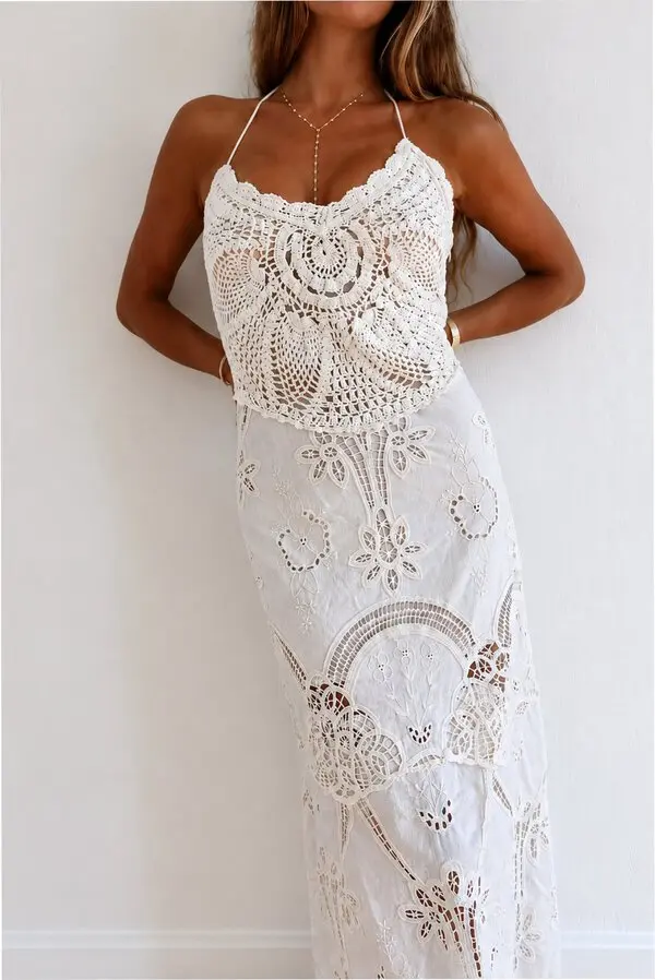 LoveShackFancy Veyla Crochet Eyelet Halterneck Maxi Dress - Optic White