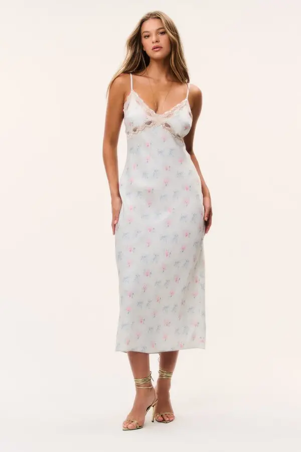 LoveShackFancy Idris Floral Satin Midi Dress - Eucalyptus