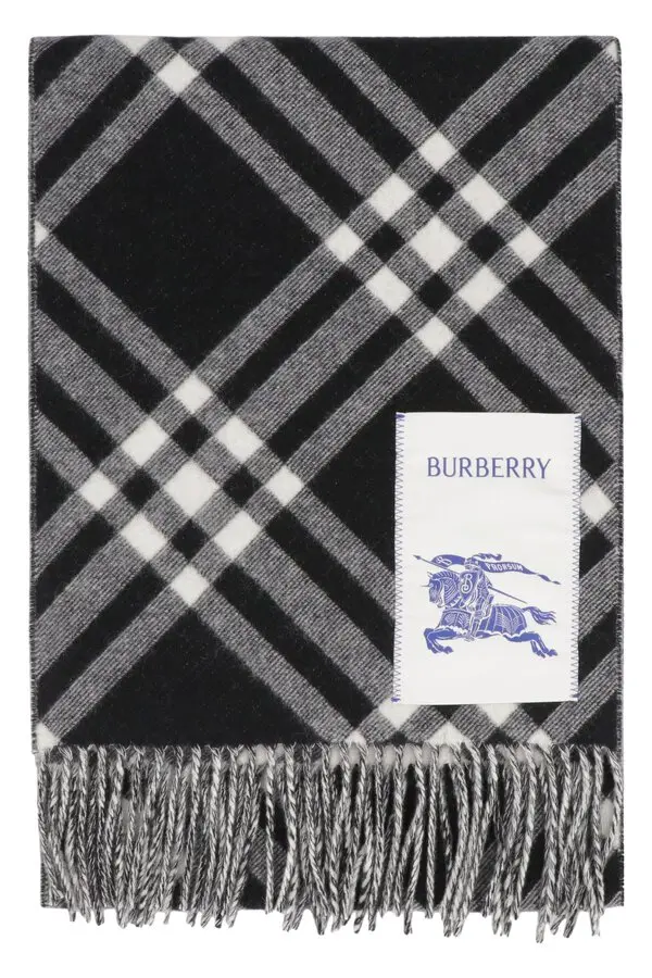 Burberry Checkered Cashmere Scarf 168x30 Cm With Fringed Edges - Black