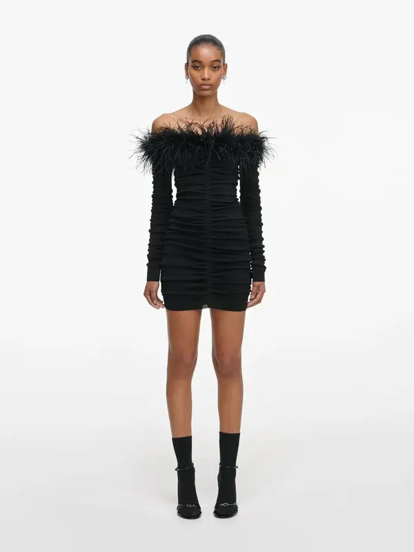 SELF-PORTRAIT Feather-trimmed Ruched Mini Dress