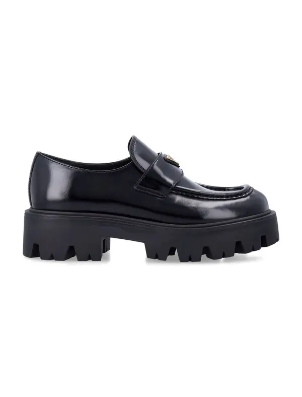 Prada Brushed Leather Loafers With Enameled Triangle Logo And 50 Mm Monoblock Rubber Sole - Nero