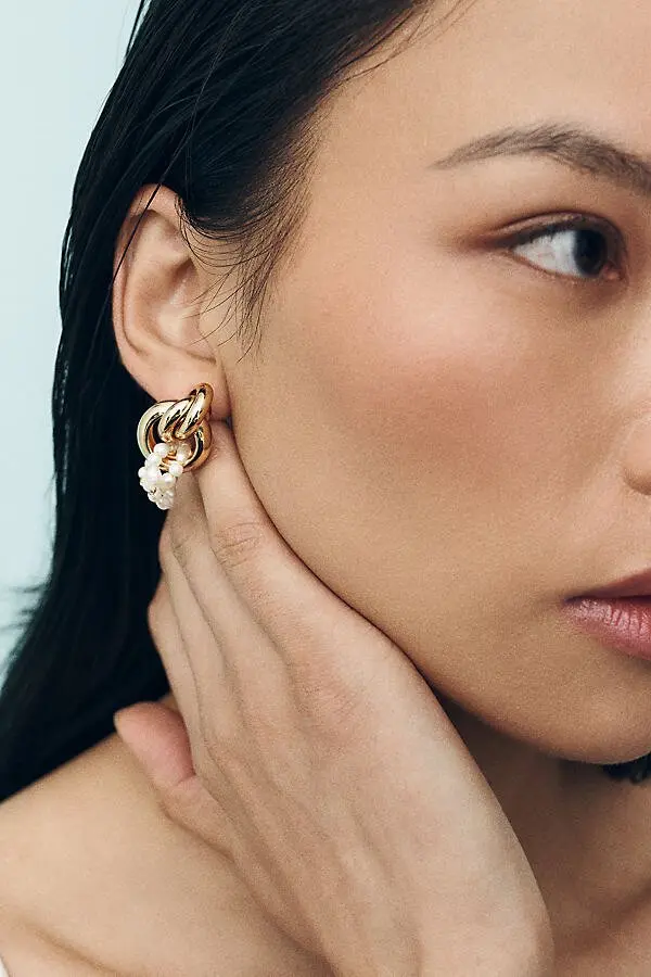 Anthropologie Double Hoop Pearl Drop Earrings - Gold