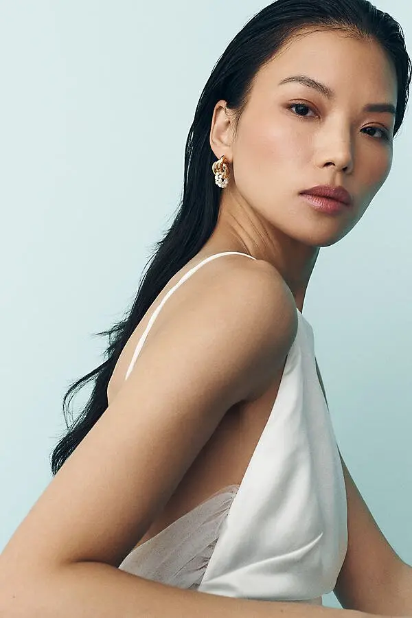 Anthropologie Double Hoop Pearl Drop Earrings