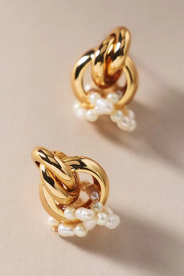 Anthropologie Double Hoop Pearl Drop Earrings