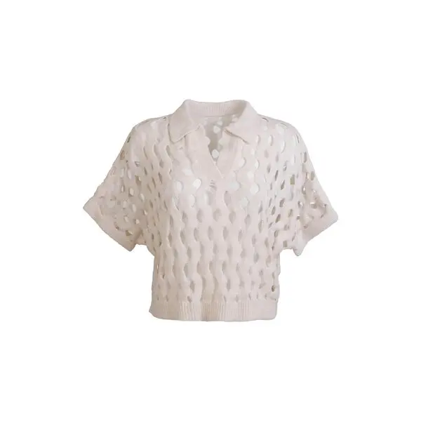 Saachi Knit Cut-out Collared Shirt - White
