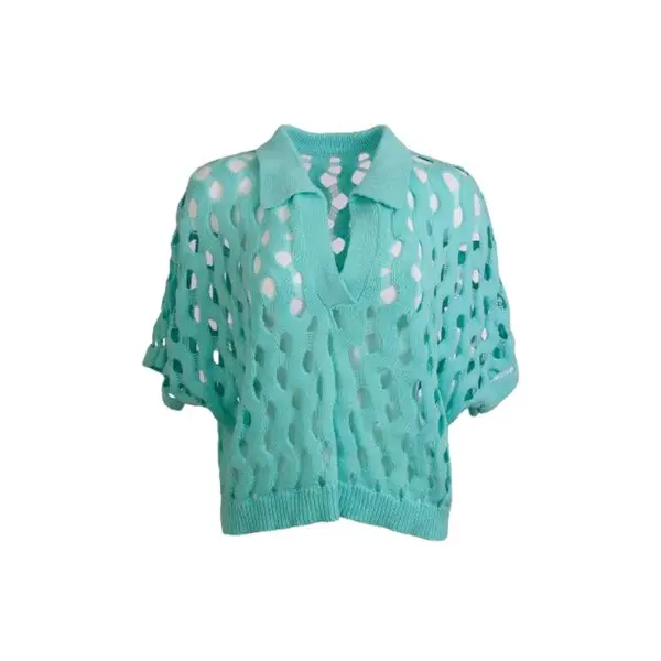 Saachi Knit Cut-out Collared Aqua Shirt - Green