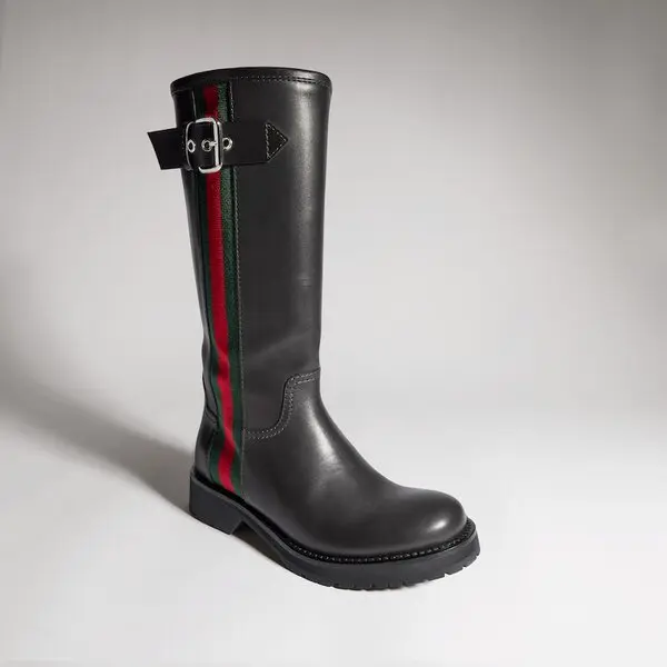 Gucci Biker Boot With Web Leather