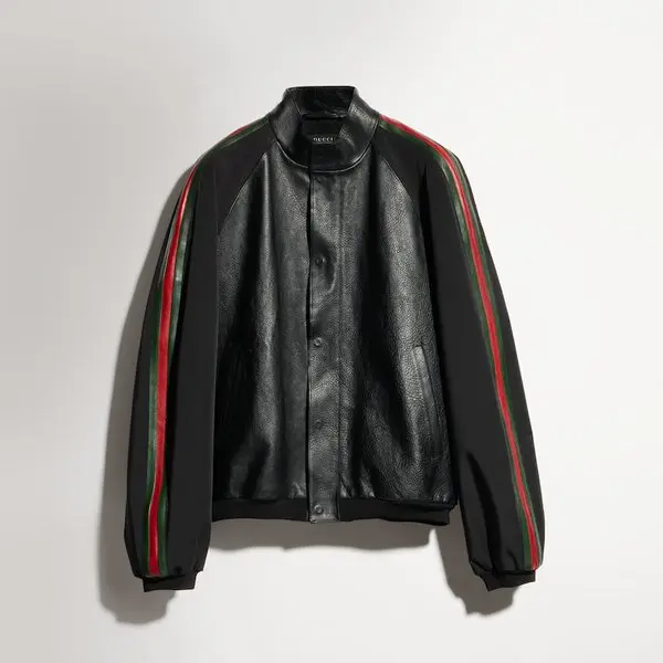 Gucci Leather Bomber Jacket With Web