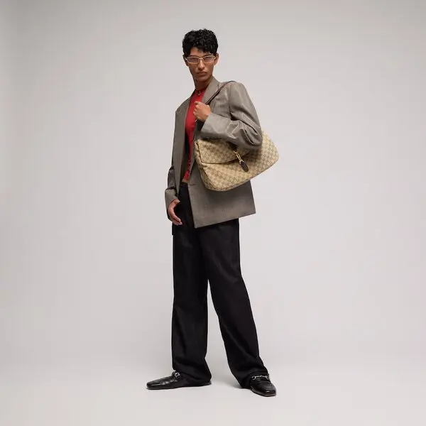 Gucci Large Crossbody Bag With Piston Closure Gg Canvas