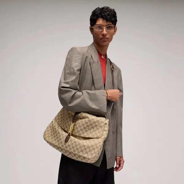 Gucci Large Crossbody Bag With Piston Closure Gg Canvas