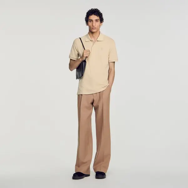 Sandro Cotton Polo Shirt With Leather Logo - Beige