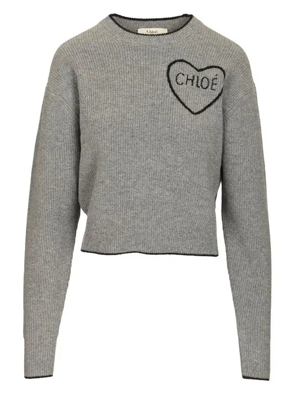 Chloé Ribbed Wool And Cashmere Cropped Fitted Sweater With Embroidered Heart Logo - Gray