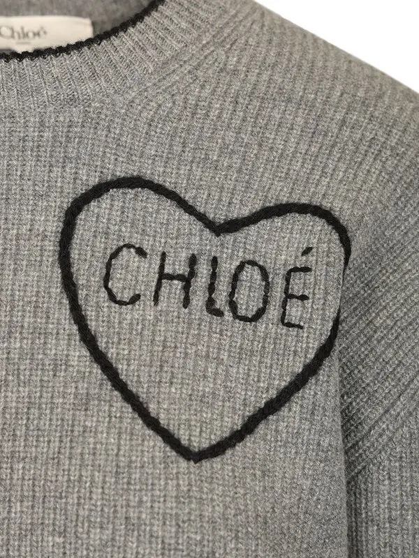 Chloé Ribbed Wool And Cashmere Cropped Fitted Sweater With Embroidered Heart Logo - Gray