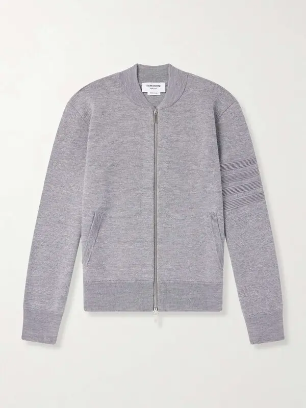 Thom Browne Striped Wool, Linen And Cotton-blend Zip-up Cardigan - Gray