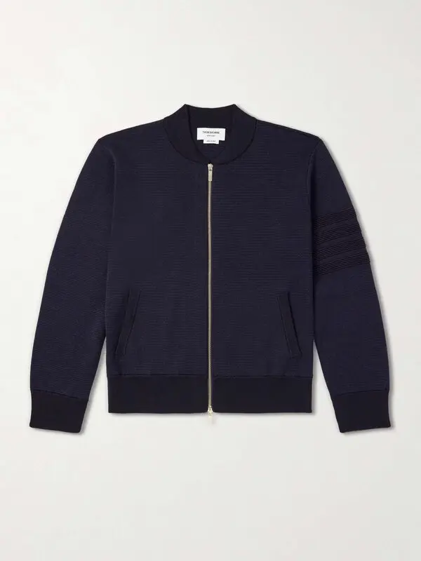 Thom Browne Striped Wool, Linen And Cotton-blend Zip-up Cardigan - Navy