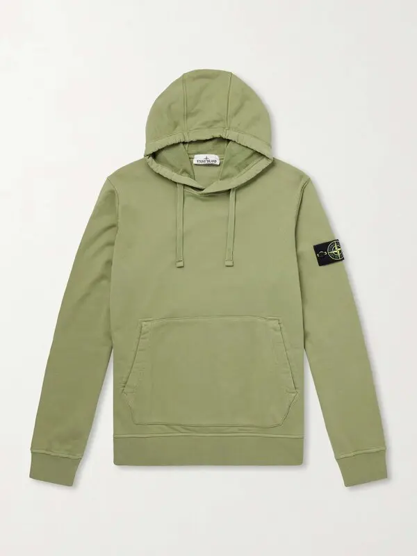Stone Island Logo-appliquéd Garment-dyed Cotton-fleece Hoodie - Green
