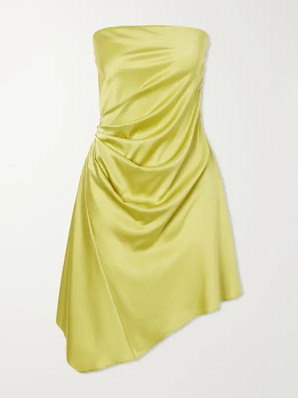 Staud Adriana Strapless Ruched Silk-blend Satin Mini Dress - Yellow