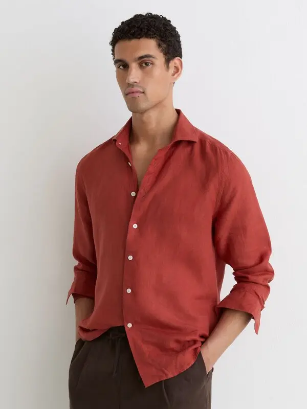 REISS Ruban Linen Cutaway-collar Regular-fit Shirt - Brick Red