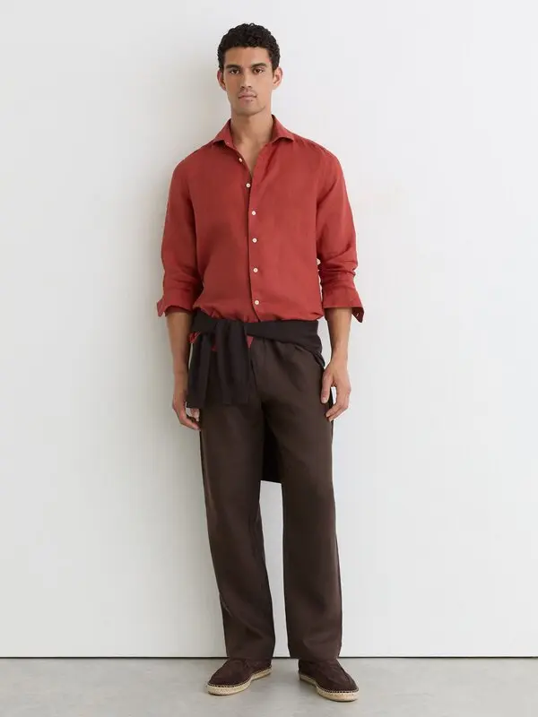 REISS Ruban Linen Cutaway-collar Regular-fit Shirt - Brick Red