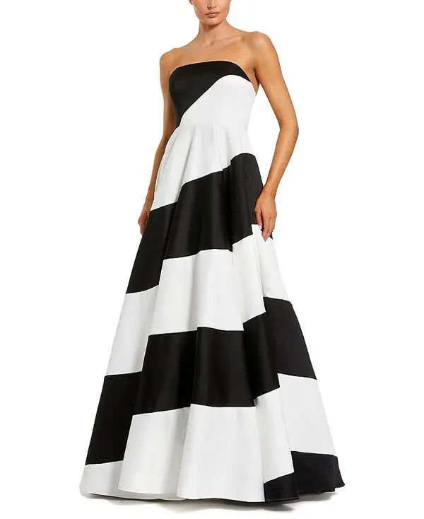 Mac Duggal Petite Strapless Satin Ballgown With Bold Colorblock Stripes - Black Ivory