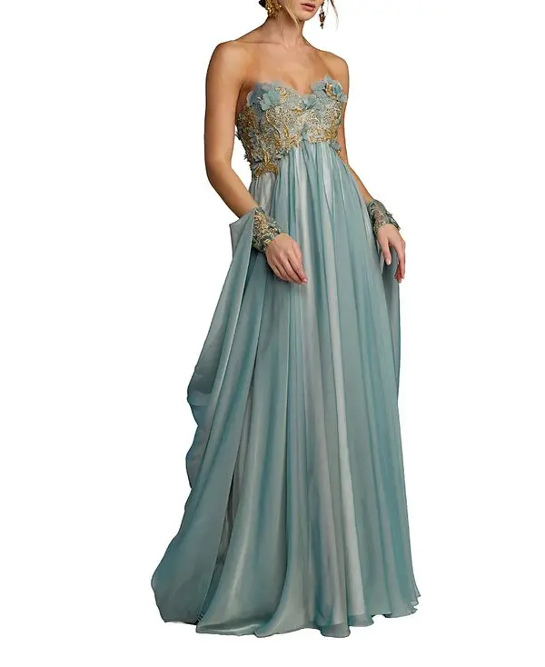 Mac Duggal Strapless Chiffon Gown With Floral Embroidery - Seafoam