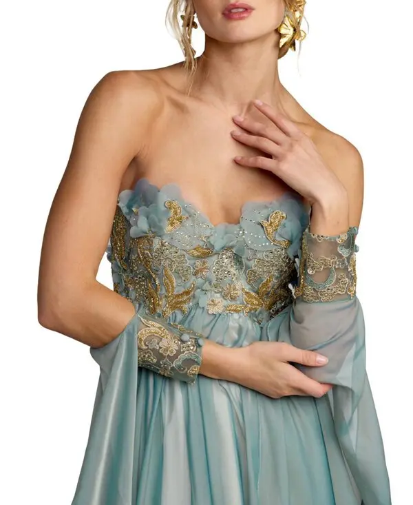 Mac Duggal Strapless Chiffon Gown With Floral Embroidery
