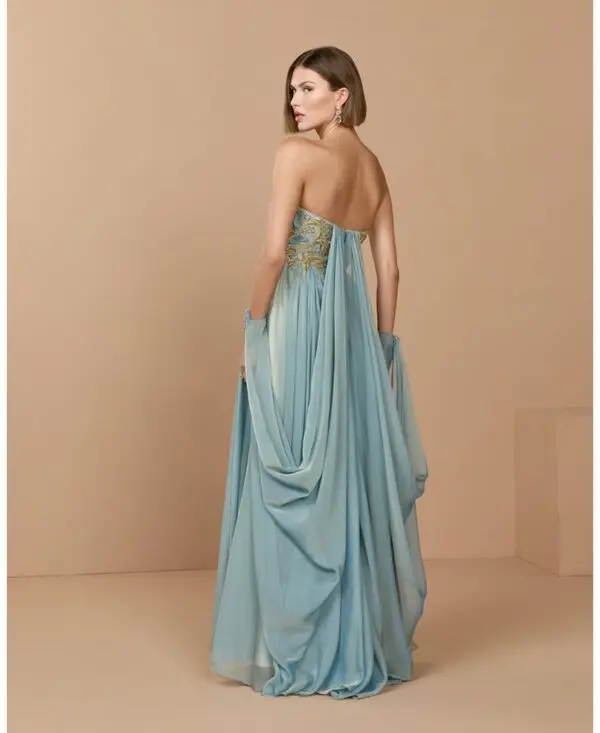 Mac Duggal Strapless Chiffon Gown With Floral Embroidery
