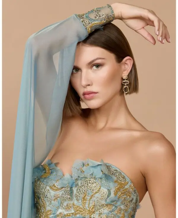 Mac Duggal Strapless Chiffon Gown With Floral Embroidery