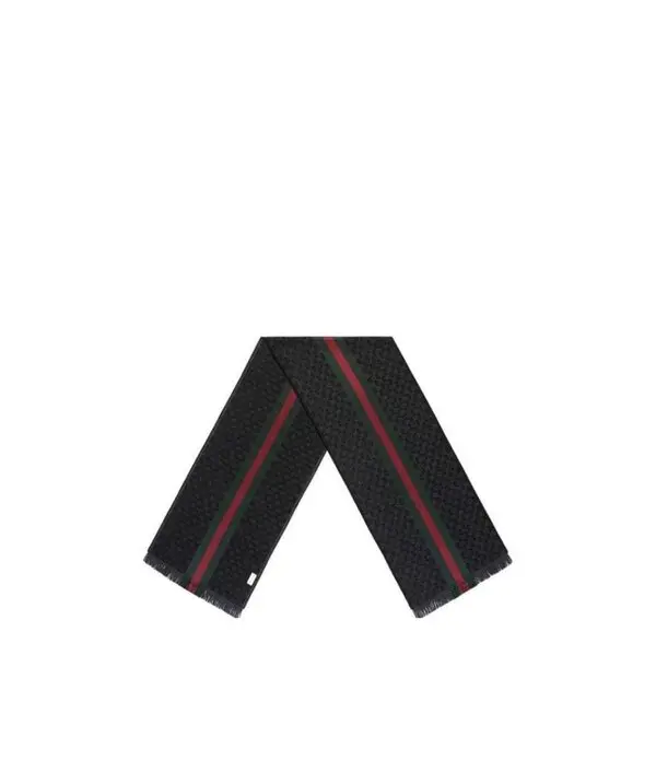 Gucci Gg Jacquard Knit Scarf With Web And Fringe - Black