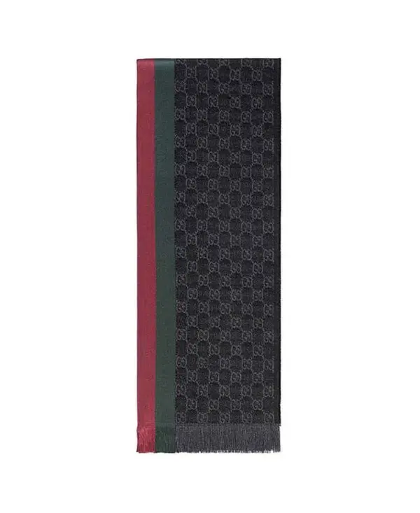 Gucci Gg Jacquard Knit Scarf With Web And Fringe