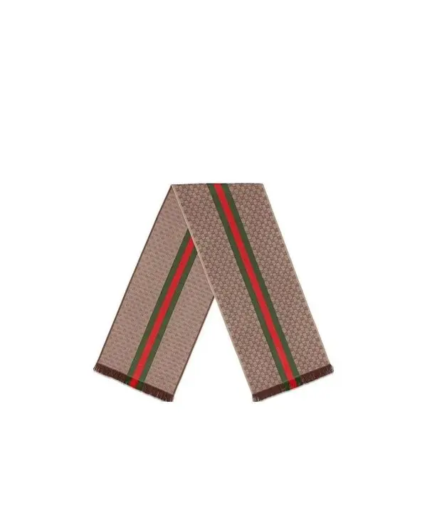 Gucci Gg Jacquard Knit Scarf With Web And Fringe - Brown