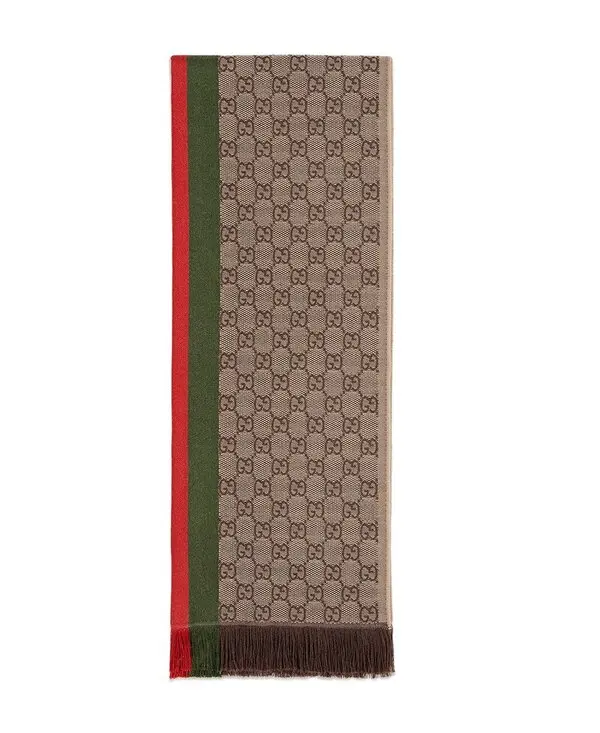 Gucci Gg Jacquard Knit Scarf With Web And Fringe