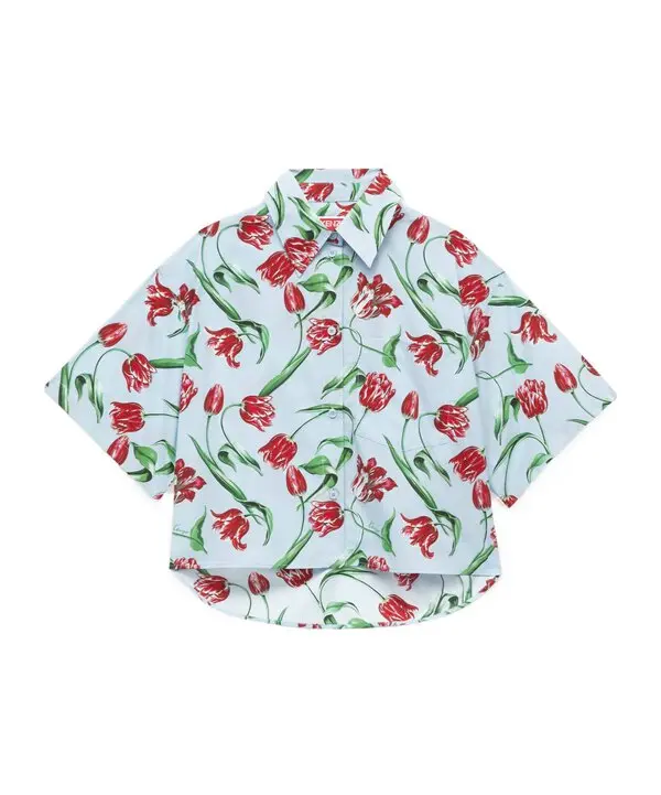 Kenzo Tulip' Short Sleeve Shirt In Cotton Poplin - Light Blue