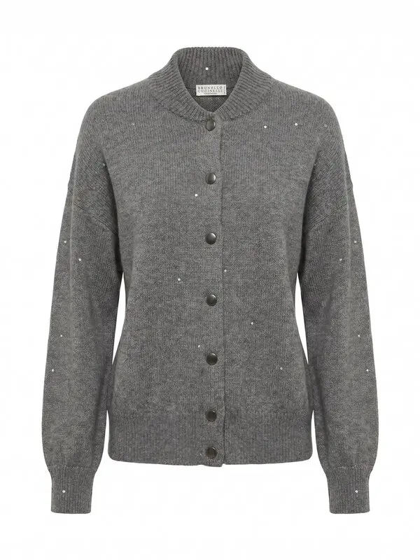 Brunello Cucinelli Long-sleeved Crewneck Cardigan With All-over Sequin Embellishment - Gray