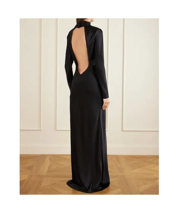 Tove Long Sleeve High Neck Open Back Gown - Black