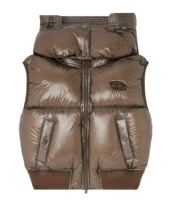 DIESEL® Down Vest In Ripstop With Detachable Hood - Brown