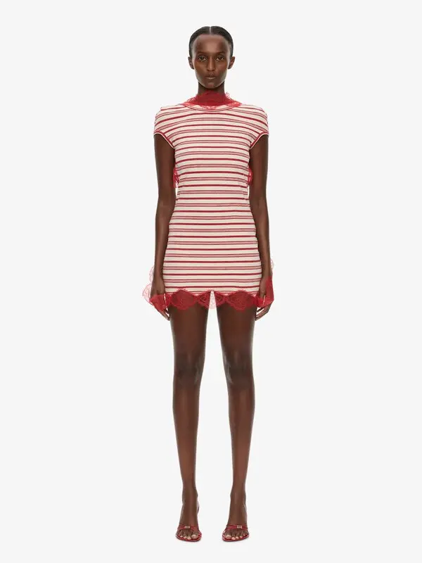 Christopher Esber Stripe Jersey Lace Trimmed Tee Dress - Red