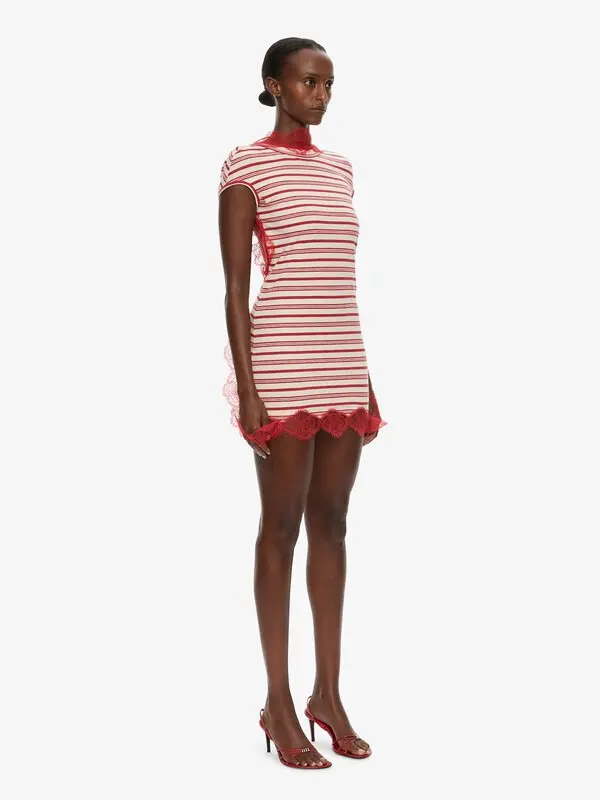 Christopher Esber Stripe Jersey Lace Trimmed Tee Dress - Red