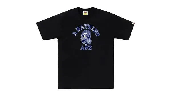 A BATHING APE Japanese Indigo Art Camo College Tee Shirt - Black/navy Blue