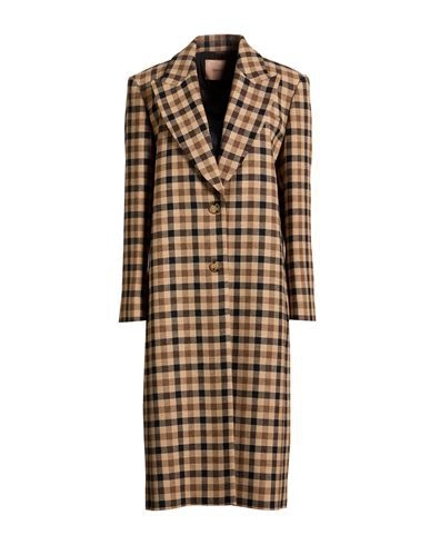 TWINSET Single-breasted Checked Long Coat - Camel