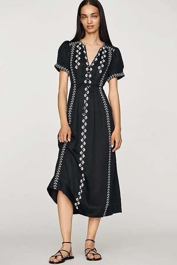 Anthropologie Sat Embroidered Midi Dress - Black
