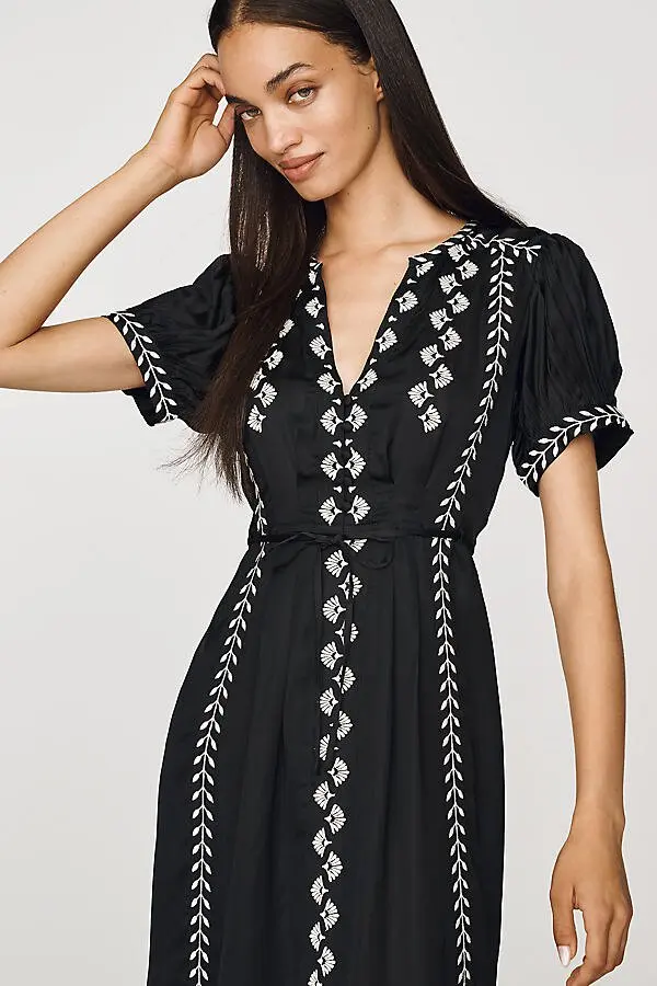 Anthropologie Sat Embroidered Midi Dress - Black