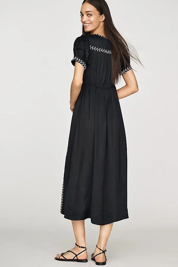 Anthropologie Sat Embroidered Midi Dress - Black